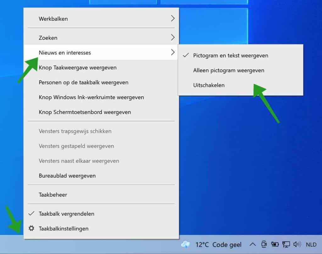 De taakbalk widget Nieuws en interesses aanpassen in Windows 10
