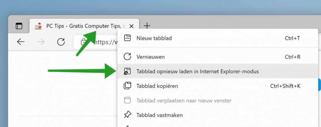 Internet Explorer modus in Microsoft Edge in Windows 11