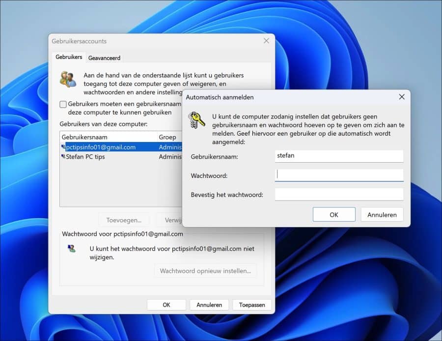 Automatisch inloggen zonder wachtwoord in Windows 11 of 10