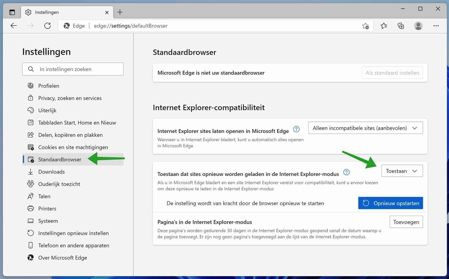 Internet Explorer modus in Microsoft Edge in Windows 11