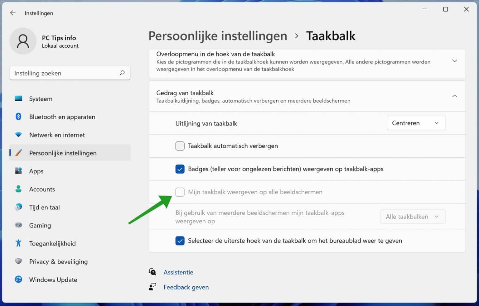 Taakbalk weergeven op alle beeldschermen in Windows 11