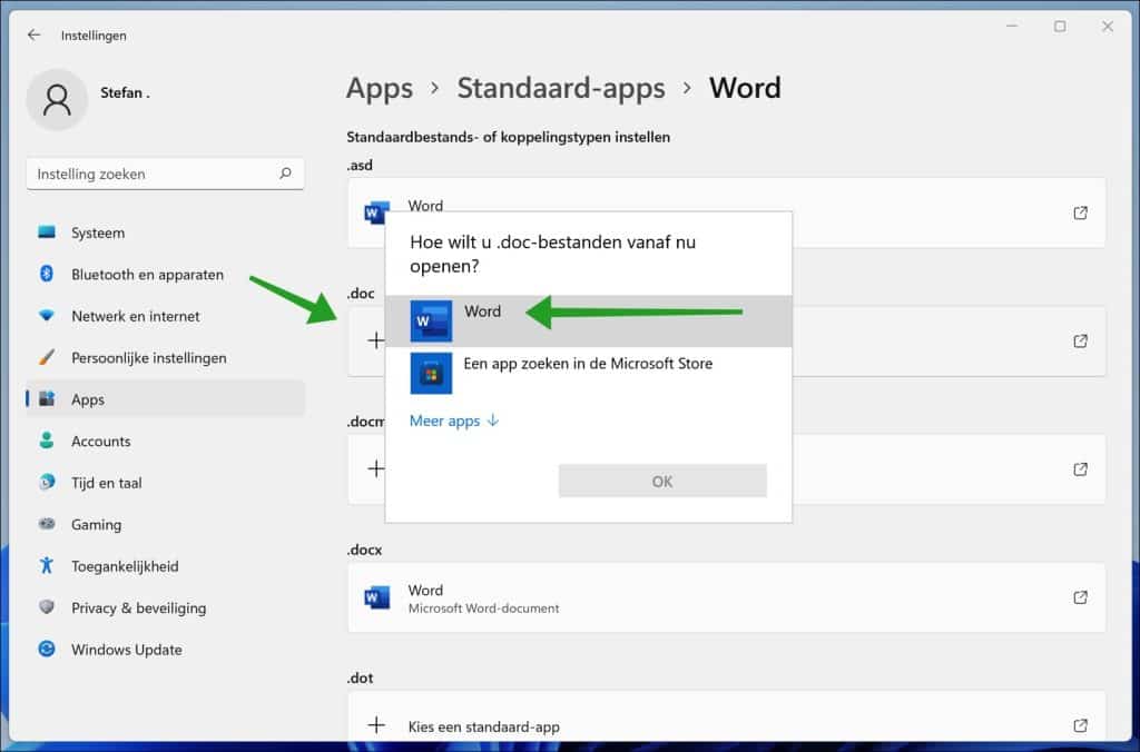 Office Word of Excel als standaard instellen in Windows 11