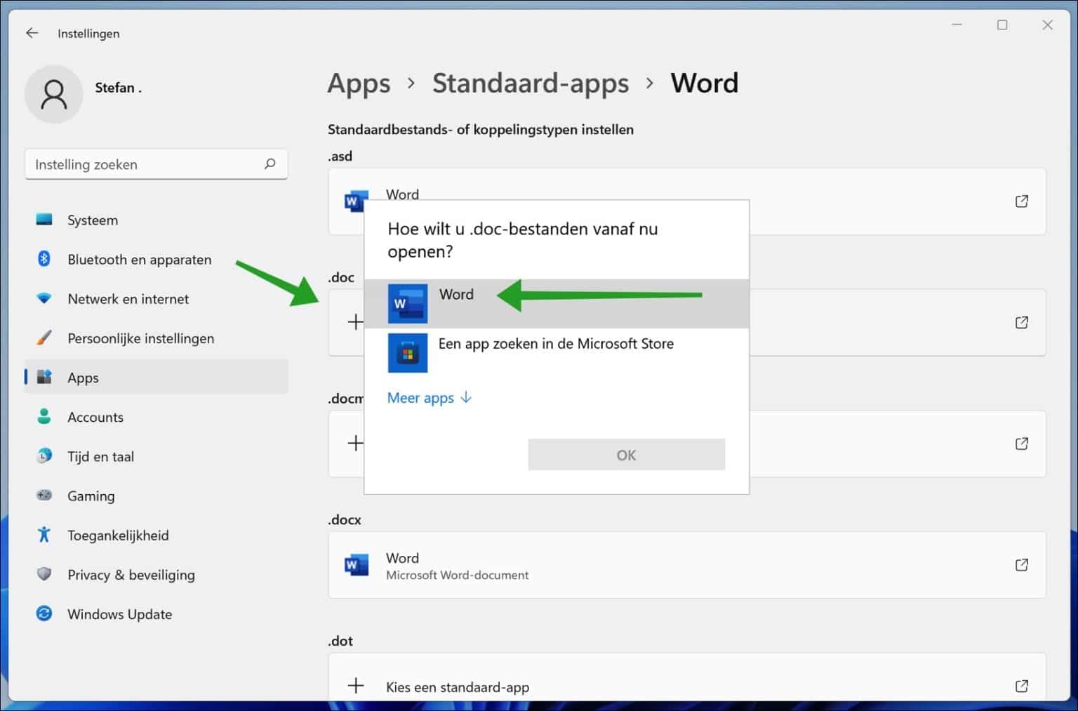 Office Word of Excel als standaard instellen in Windows 11