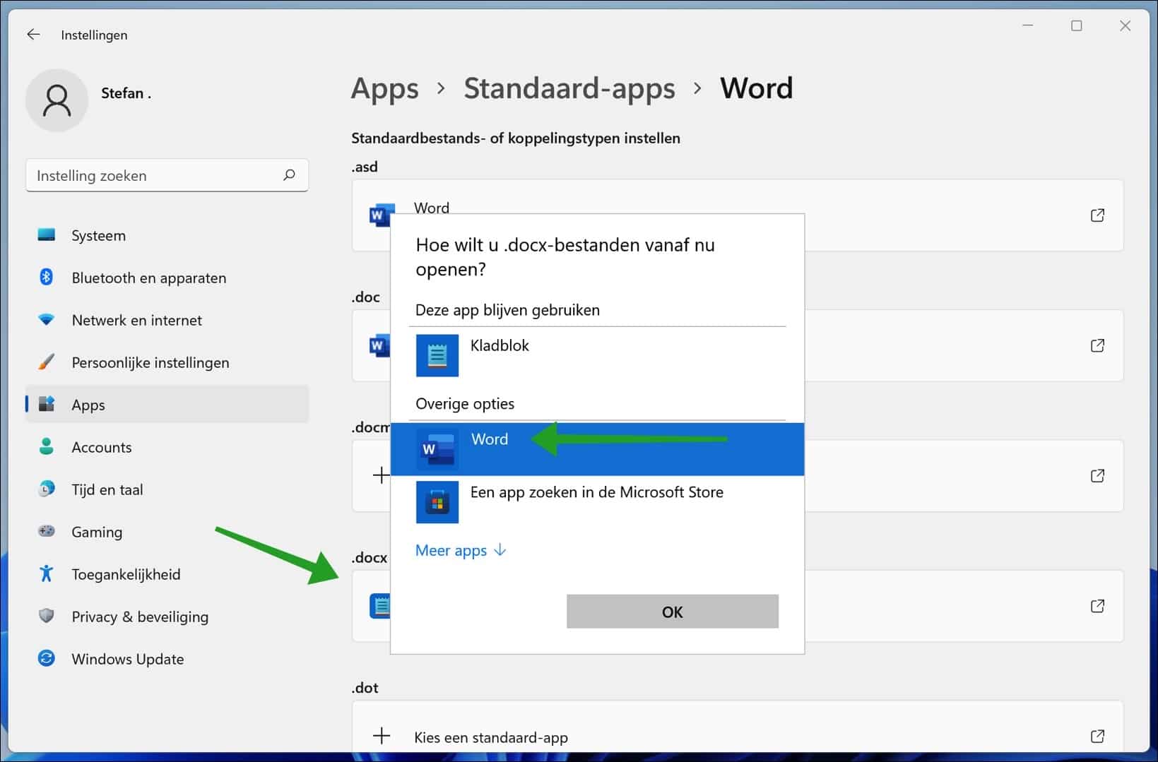 Office Word of Excel als standaard instellen in Windows 11