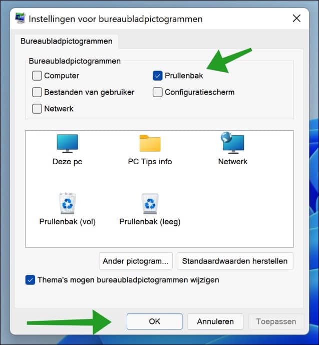 Prullenbak pictogram op het bureaublad in Windows 11