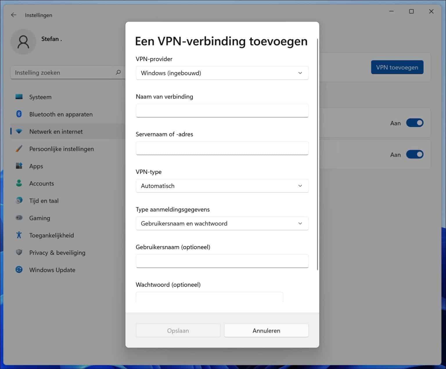 Handmatig een VPN verbinding aanmaken in Windows 11