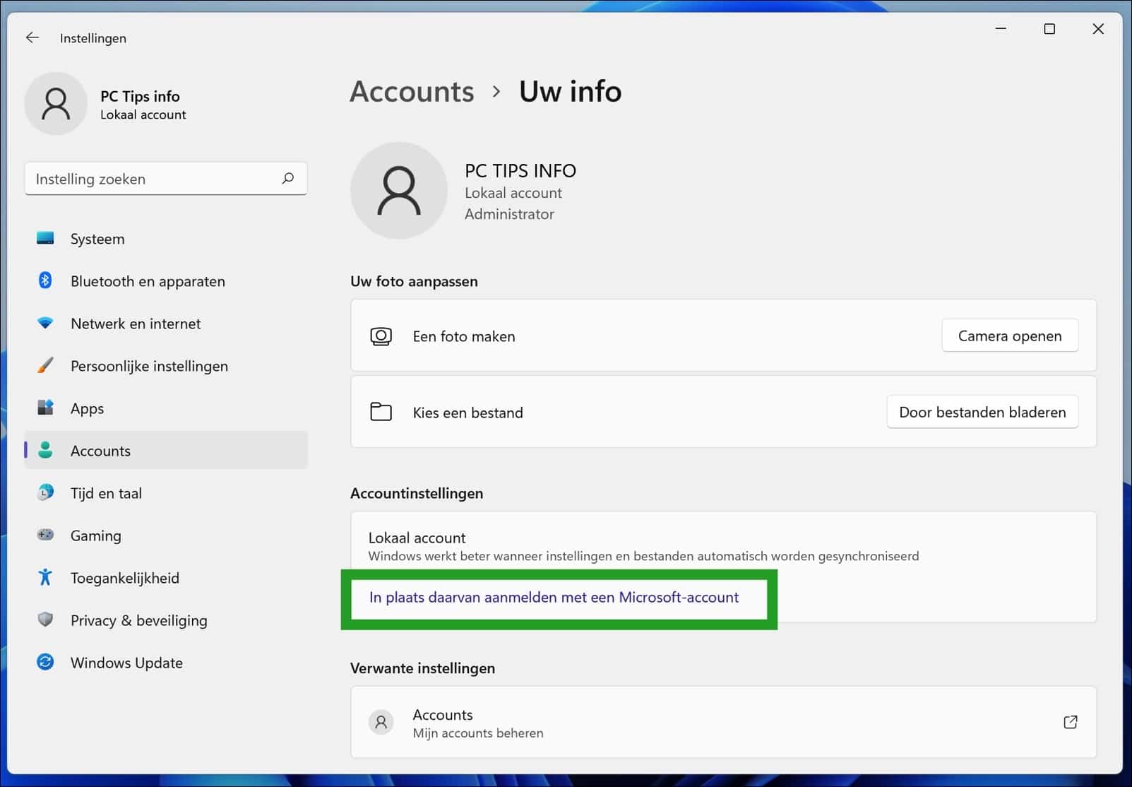 Lokaal account verbinden met een Microsoft account