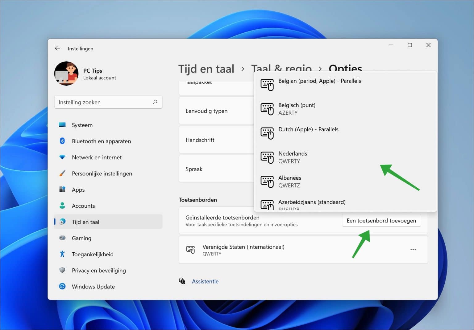 Toetsenbordindelingen toevoegen of verwijderen in Windows 11