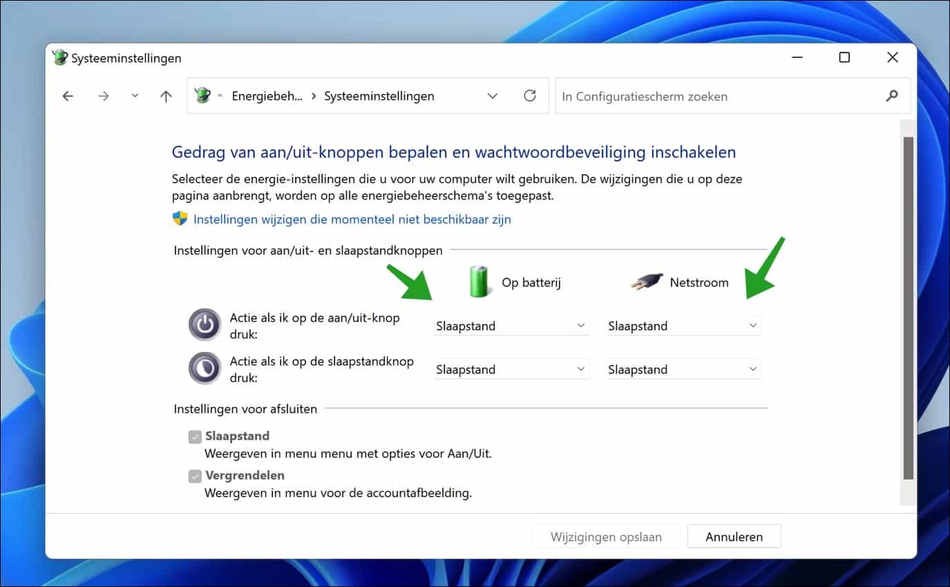 Actie van de aan/uit knop wijzigen in Windows 11