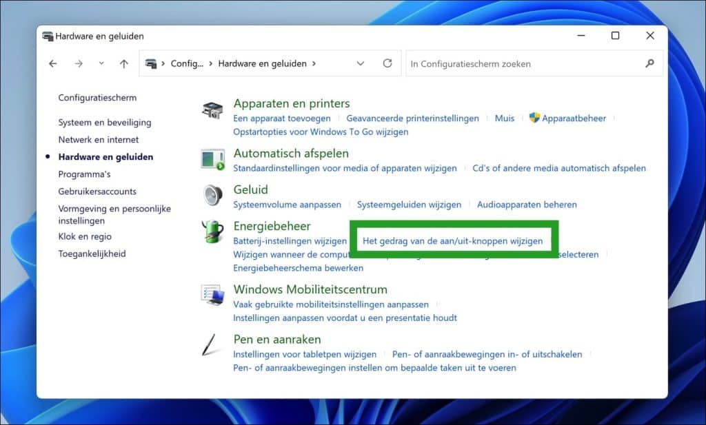 Actie van de aan/uit knop wijzigen in Windows 11