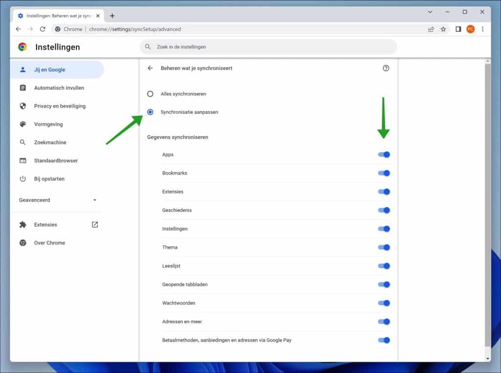 Synchronisatie instellingen en gegevens wijzigen in Google Chrome