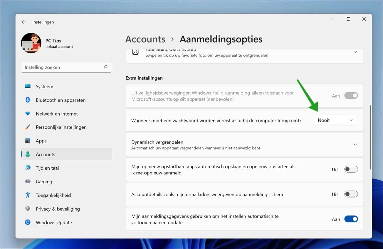 Inloggen na slaapstand uitschakelen in Windows 11 - PC Tips
