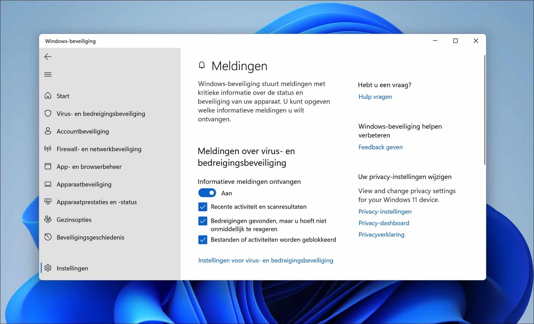Meldingen die u ontvangt van Windows-beveiliging beheren