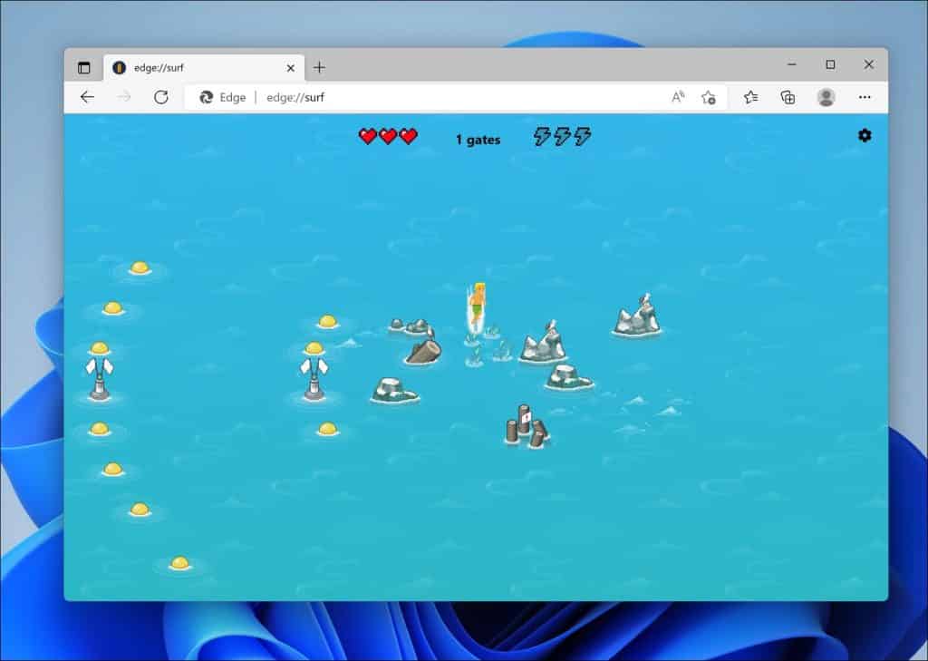 Speel het Surf spel in de Microsoft Edge browser (Easter egg)