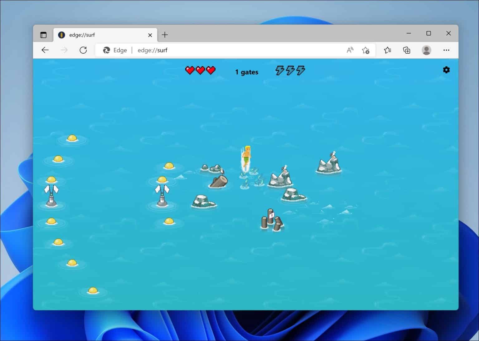 Speel het Surf spel in de Microsoft Edge browser (Easter egg)