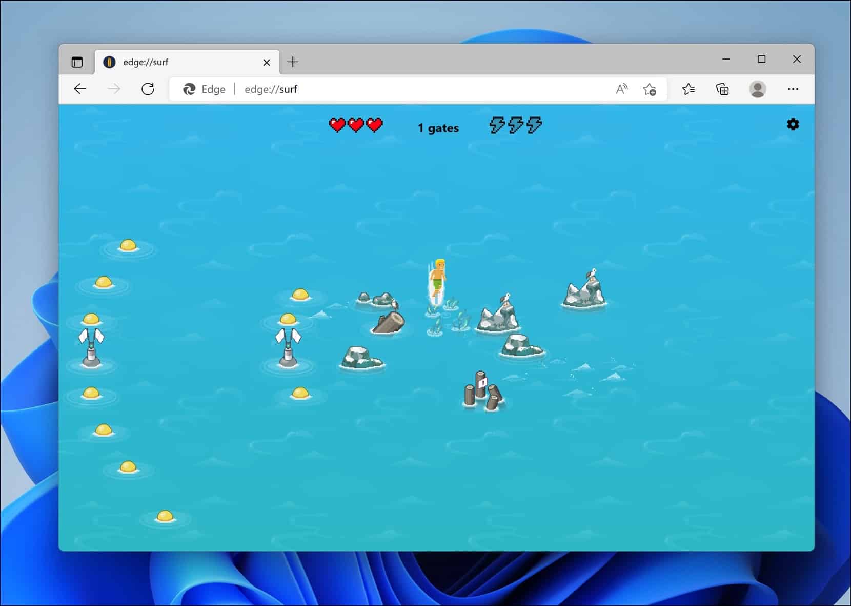 Speel het Surf spel in de Microsoft Edge browser (Easter egg)