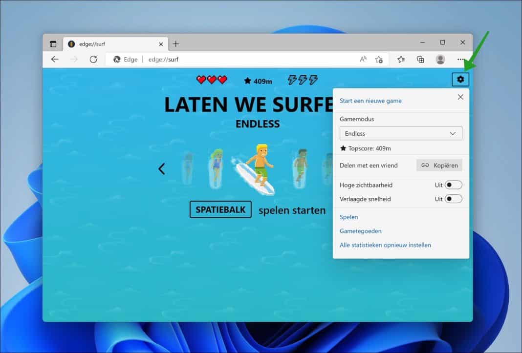 Speel het Surf spel in de Microsoft Edge browser (Easter egg)
