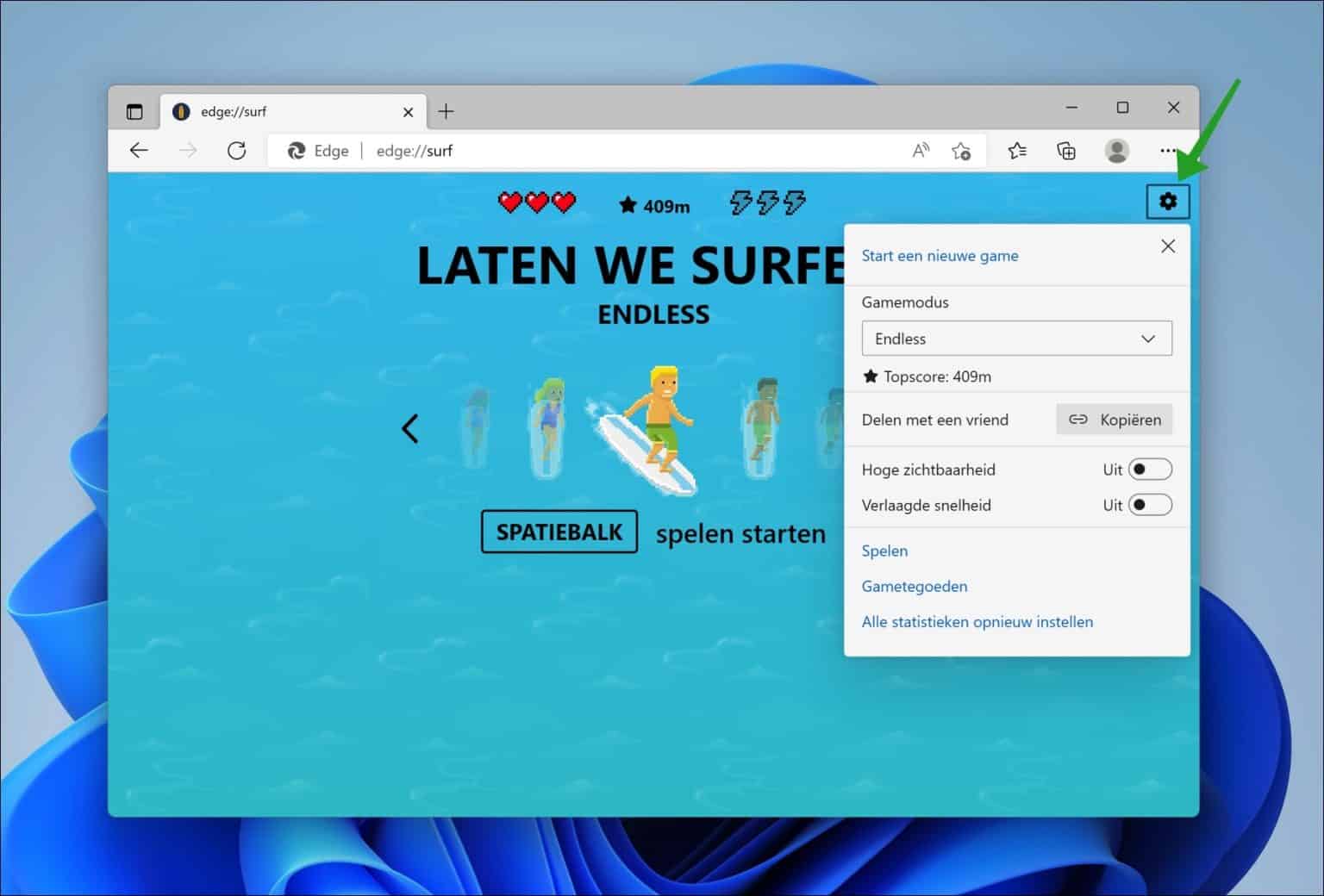 Speel het Surf spel in de Microsoft Edge browser (Easter egg)