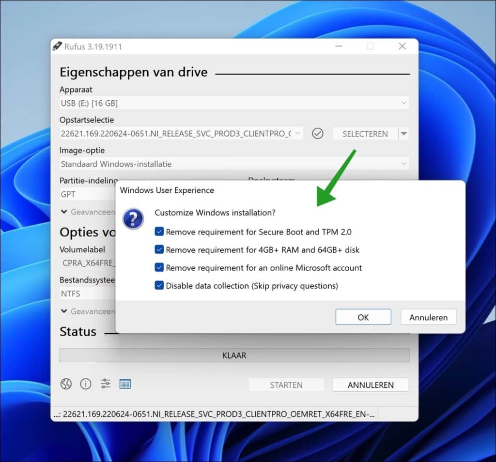 Windows 11 22H2 installeren via USB op iedere PC