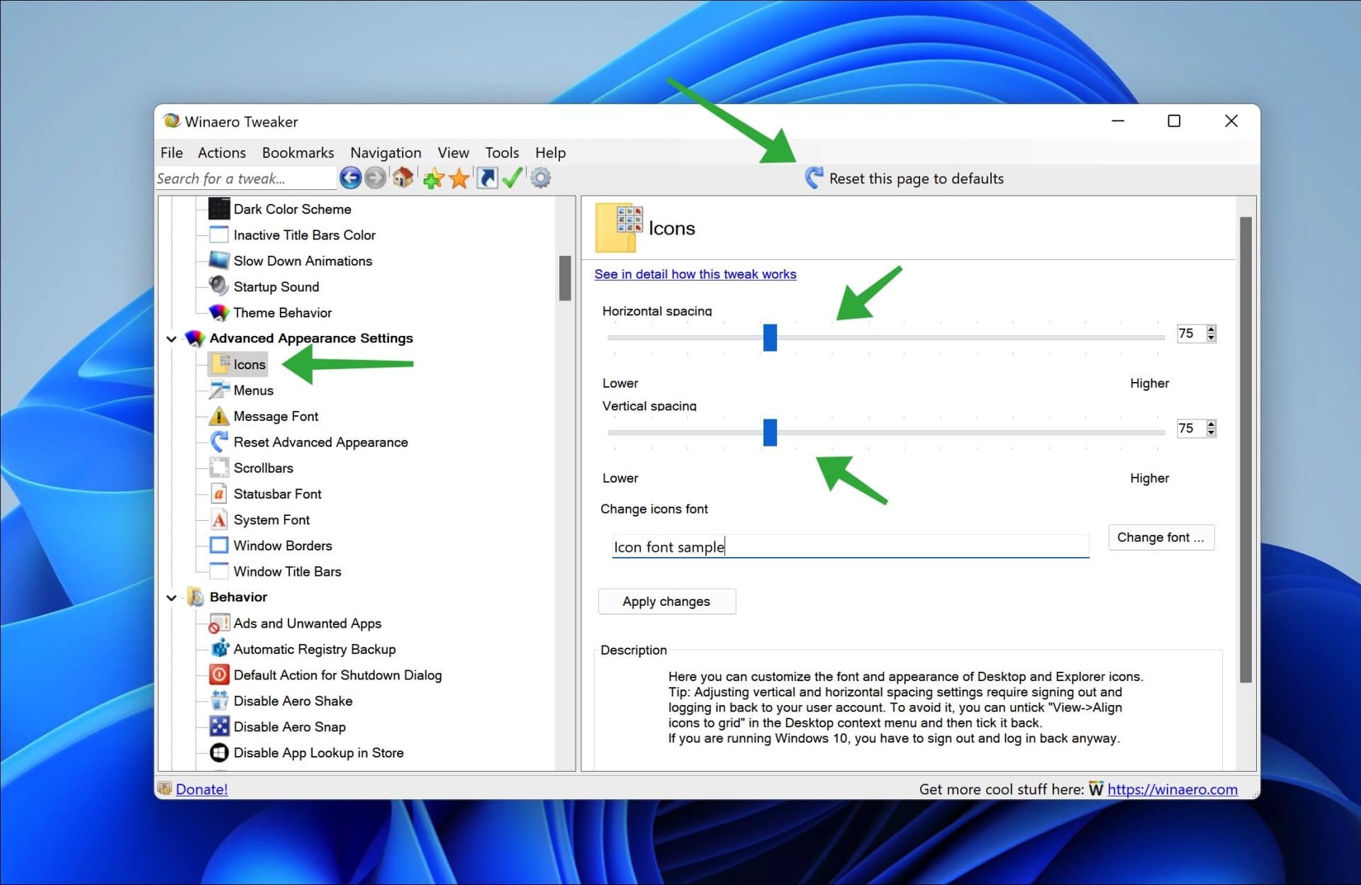 Afstand tussen bureaubladpictogrammen wijzigen in Windows 11