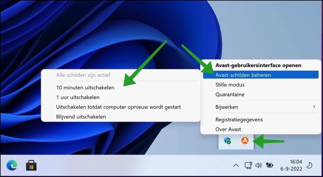 Avast antivirus tijdelijk uitschakelen in Windows 11