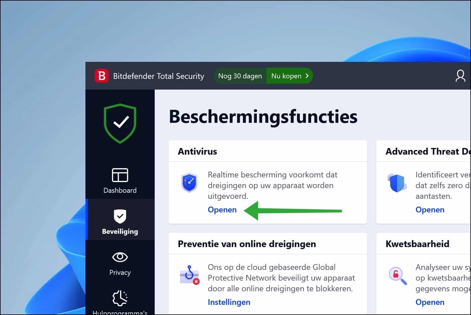 Bitdefender antivirus tijdelijk uitschakelen in Windows 11