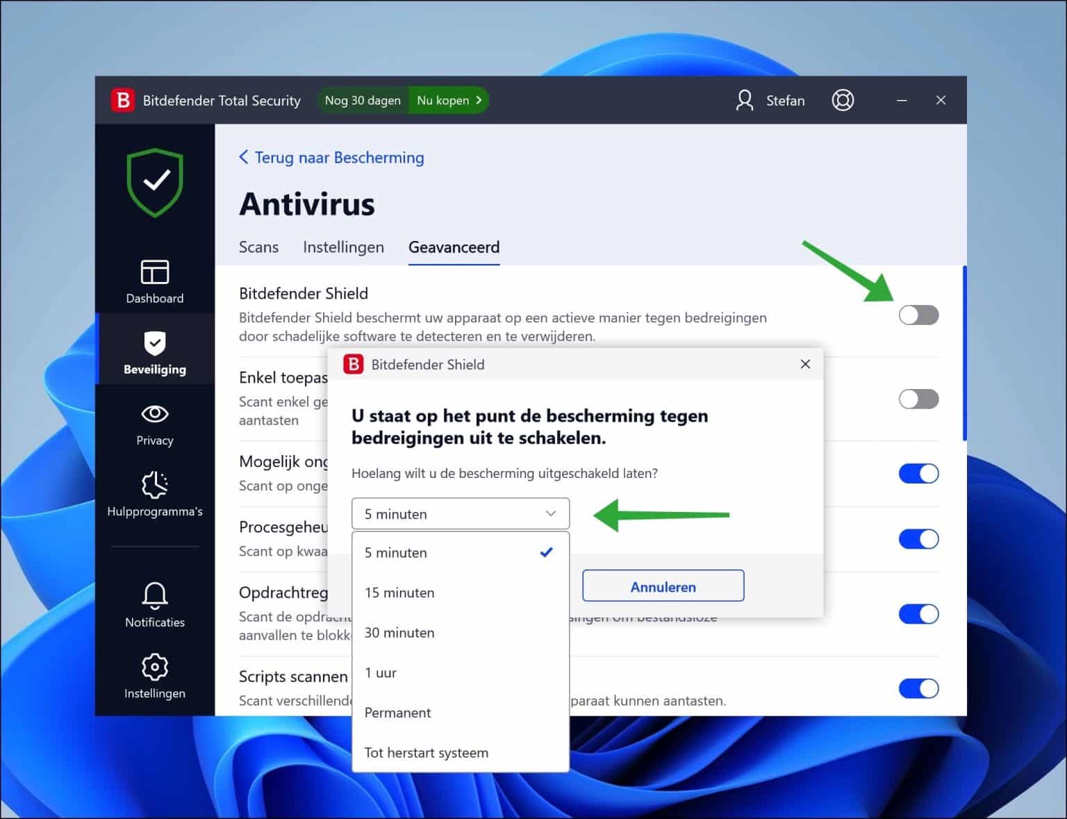 Bitdefender antivirus tijdelijk uitschakelen in Windows 11