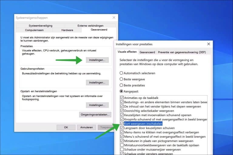 Bureaublad kort weergeven inschakelen in Windows 10