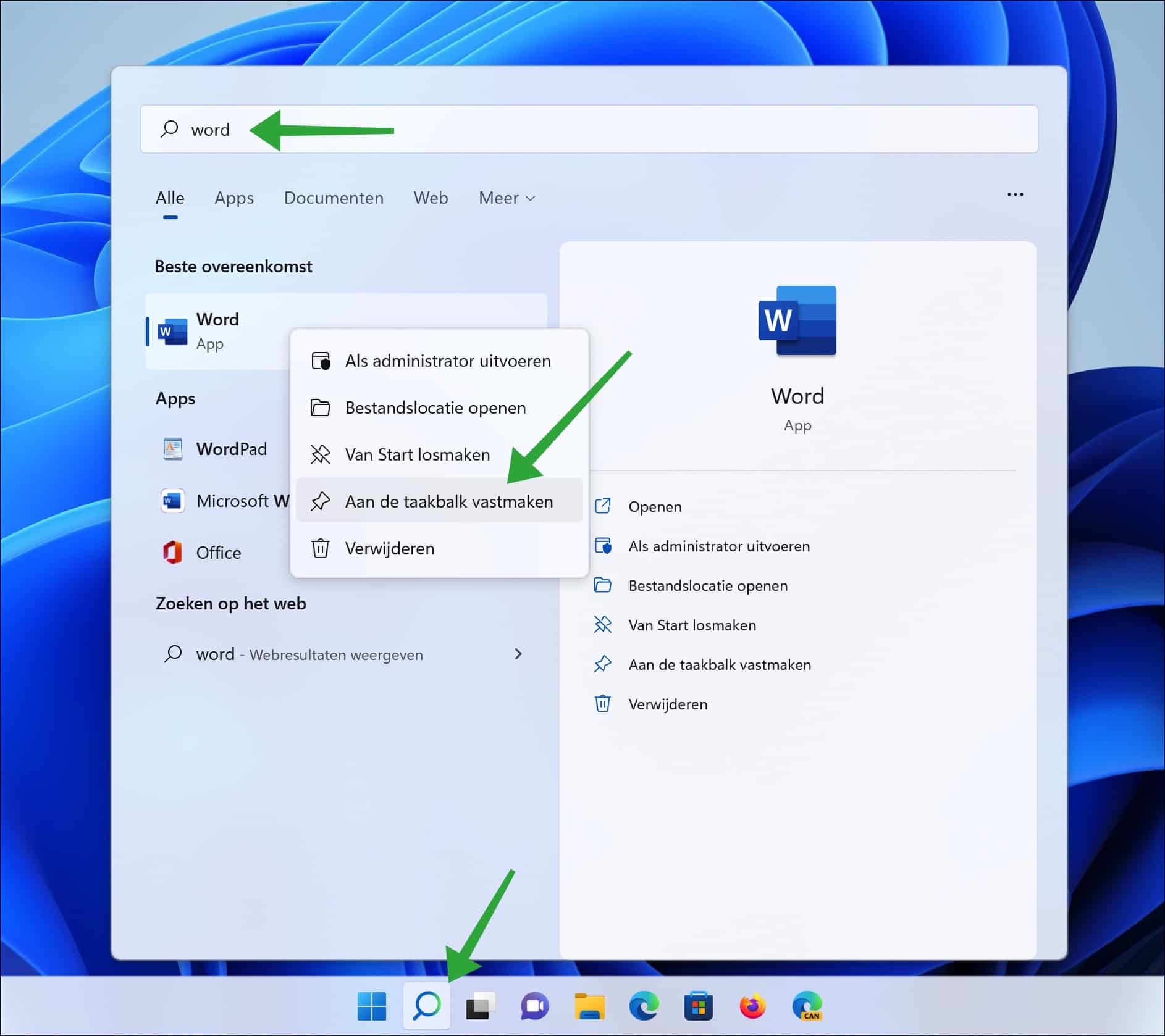 Word, Excel of PowerPoint snelkoppeling aanmaken in taakbalk