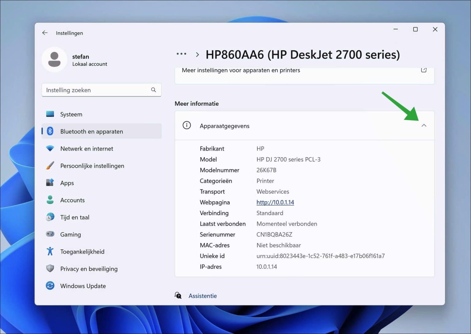 Welke printer model of serienummer heb ik in Windows 11?