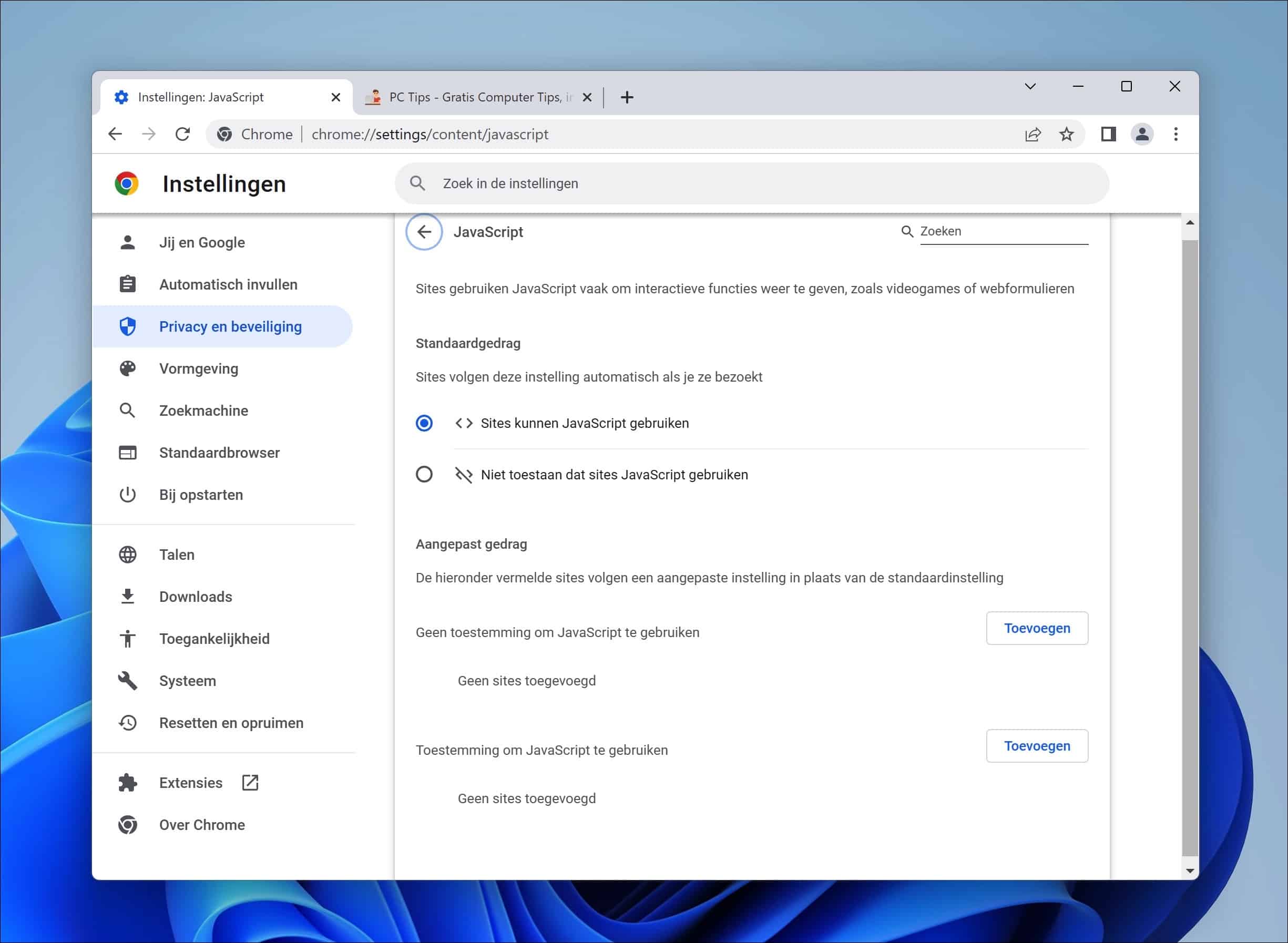 JavaScript in- of uitschakelen in de Google Chrome browser
