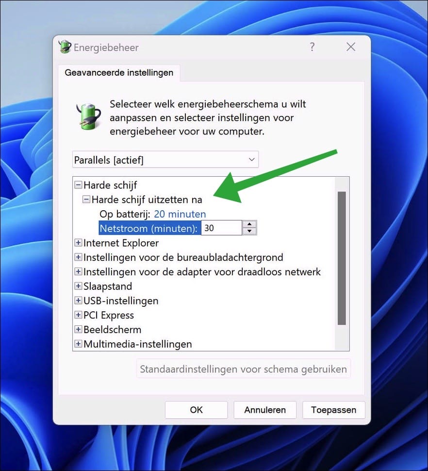 Laat Windows 11 bepalen wanneer de harde schijf uitschakelt