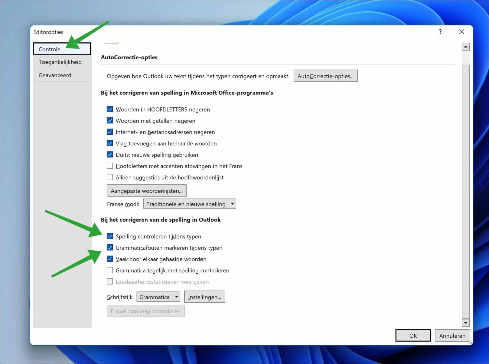 Spellingscontrole inschakelen of uitschakelen in Outlook
