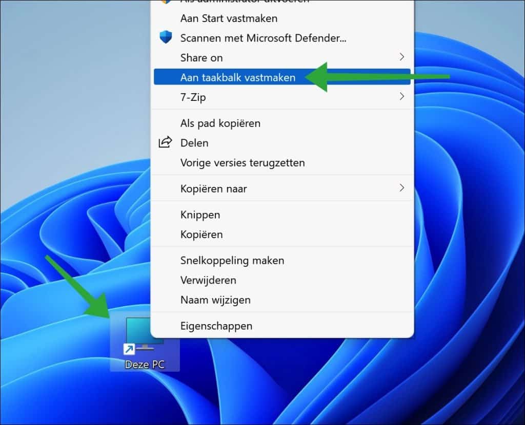 "Deze PC" snelkoppeling vastmaken aan de taakbalk