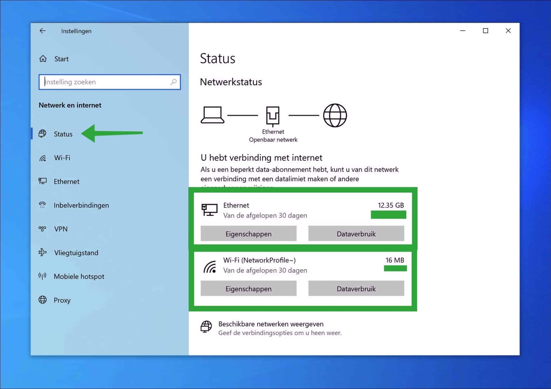 Dataverbruik netwerk- of internet weergeven in Windows 10