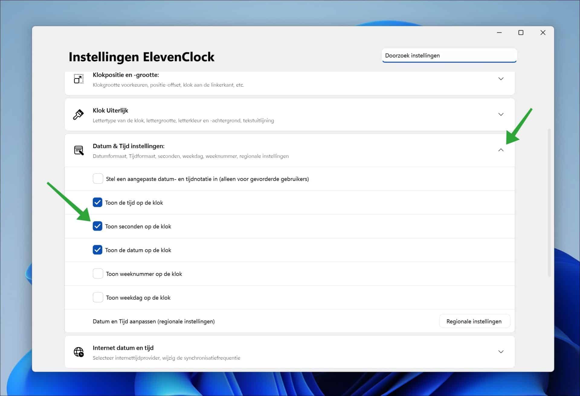 Seconden weergeven in de taakbalk klok in Windows 11