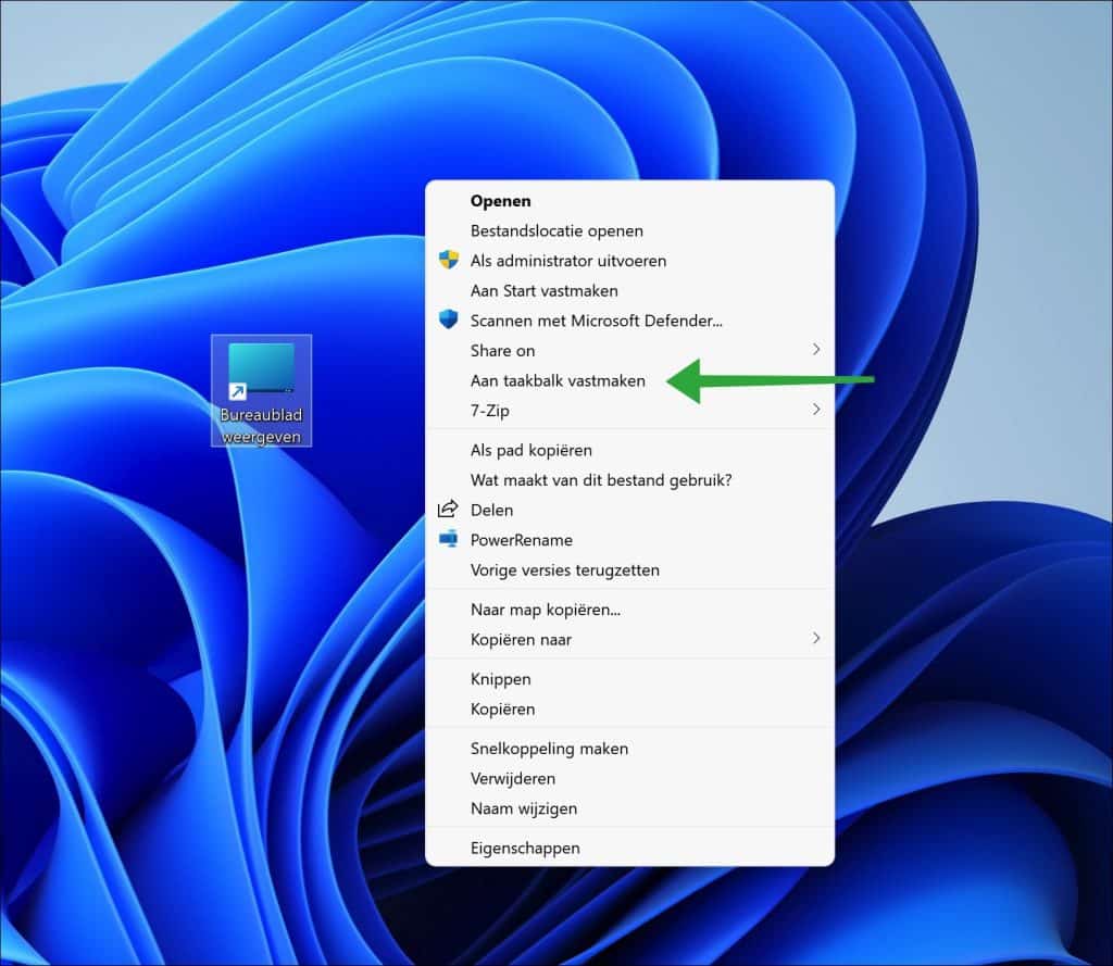 Bureaublad weergeven snelkoppeling toevoegen aan de taakbalk
