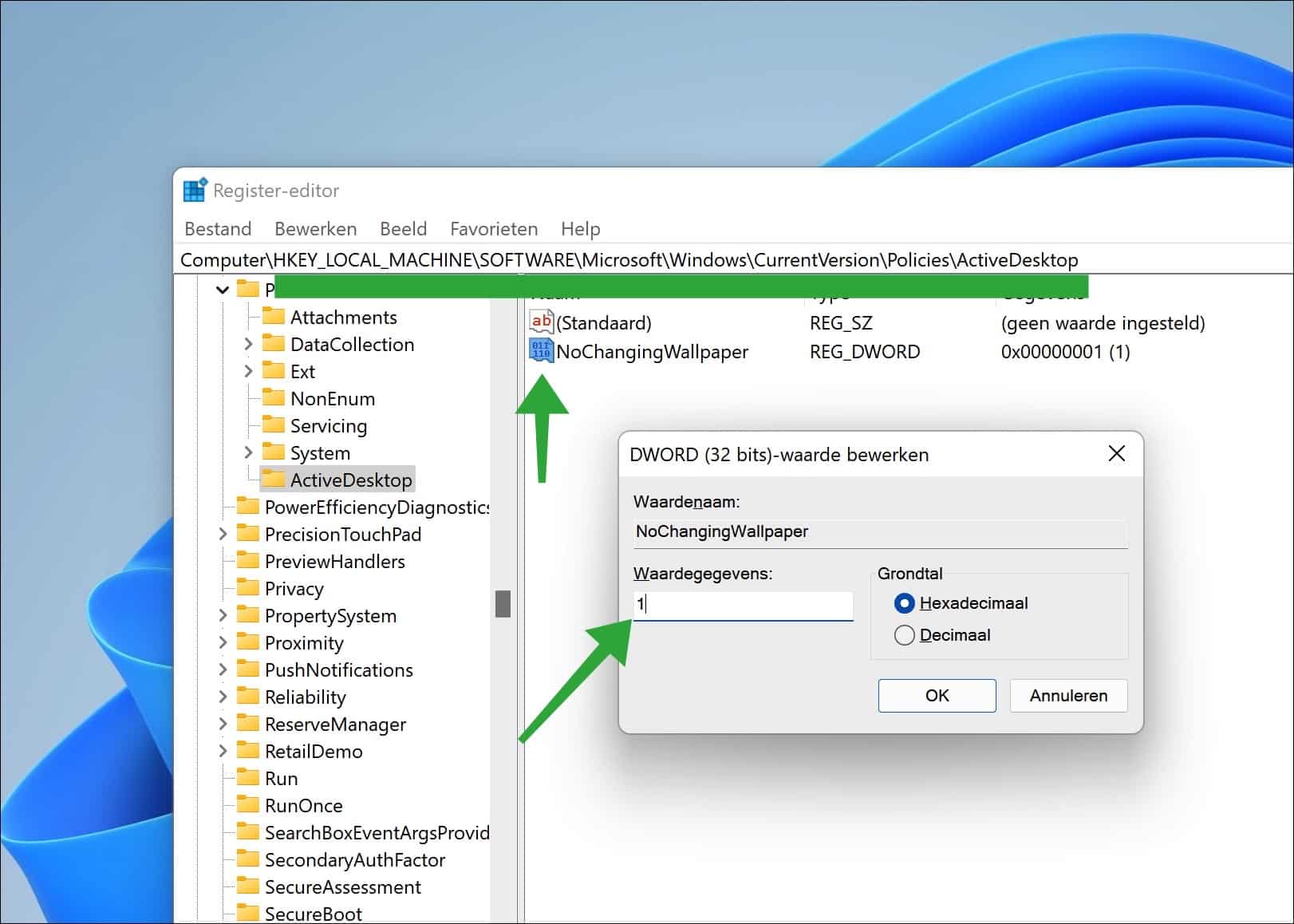 Blokkeer het wijzigen van de achtergrond in Windows 11 of 10