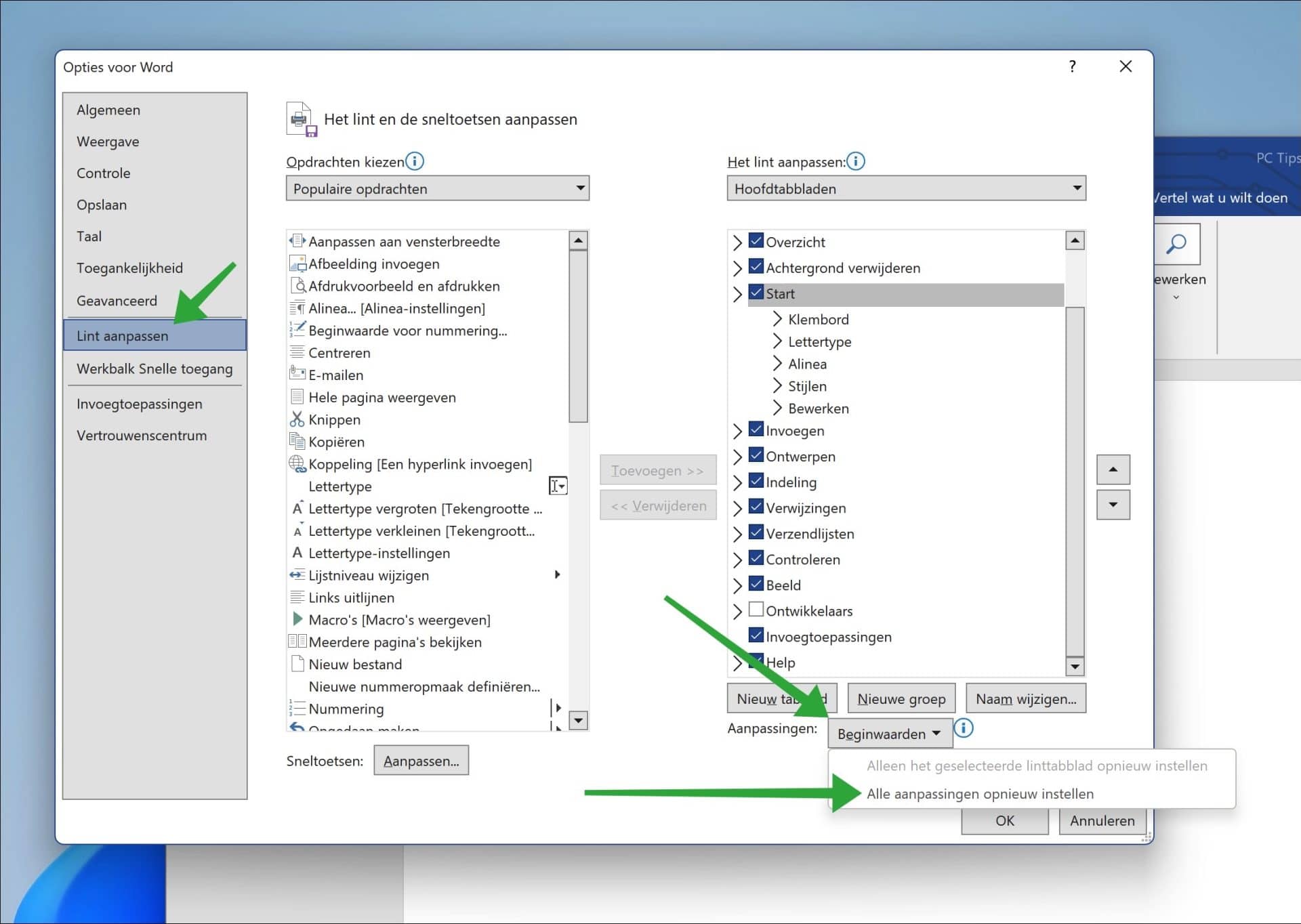 Het lint opnieuw instellen (reset) in Microsoft Office