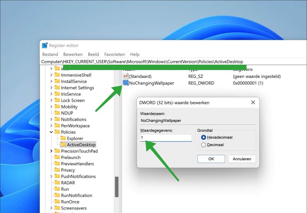 Blokkeer het wijzigen van de achtergrond in Windows 11 of 10