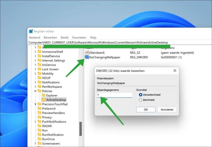 Blokkeer het wijzigen van de achtergrond in Windows 11 of 10