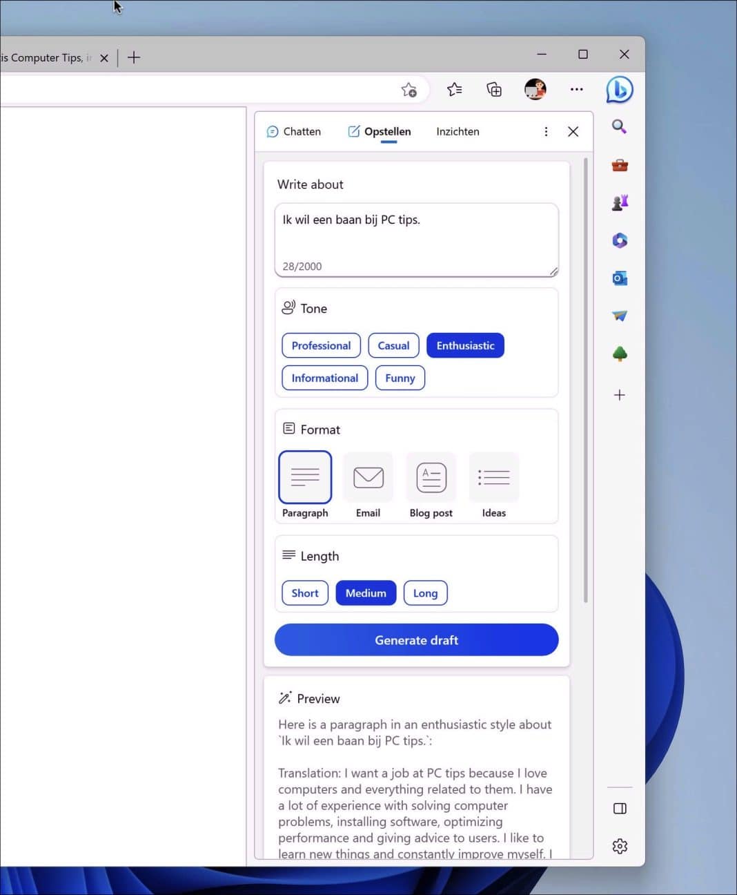Bing Chat AI nu beschikbaar in Microsoft Edge (Windows 11)