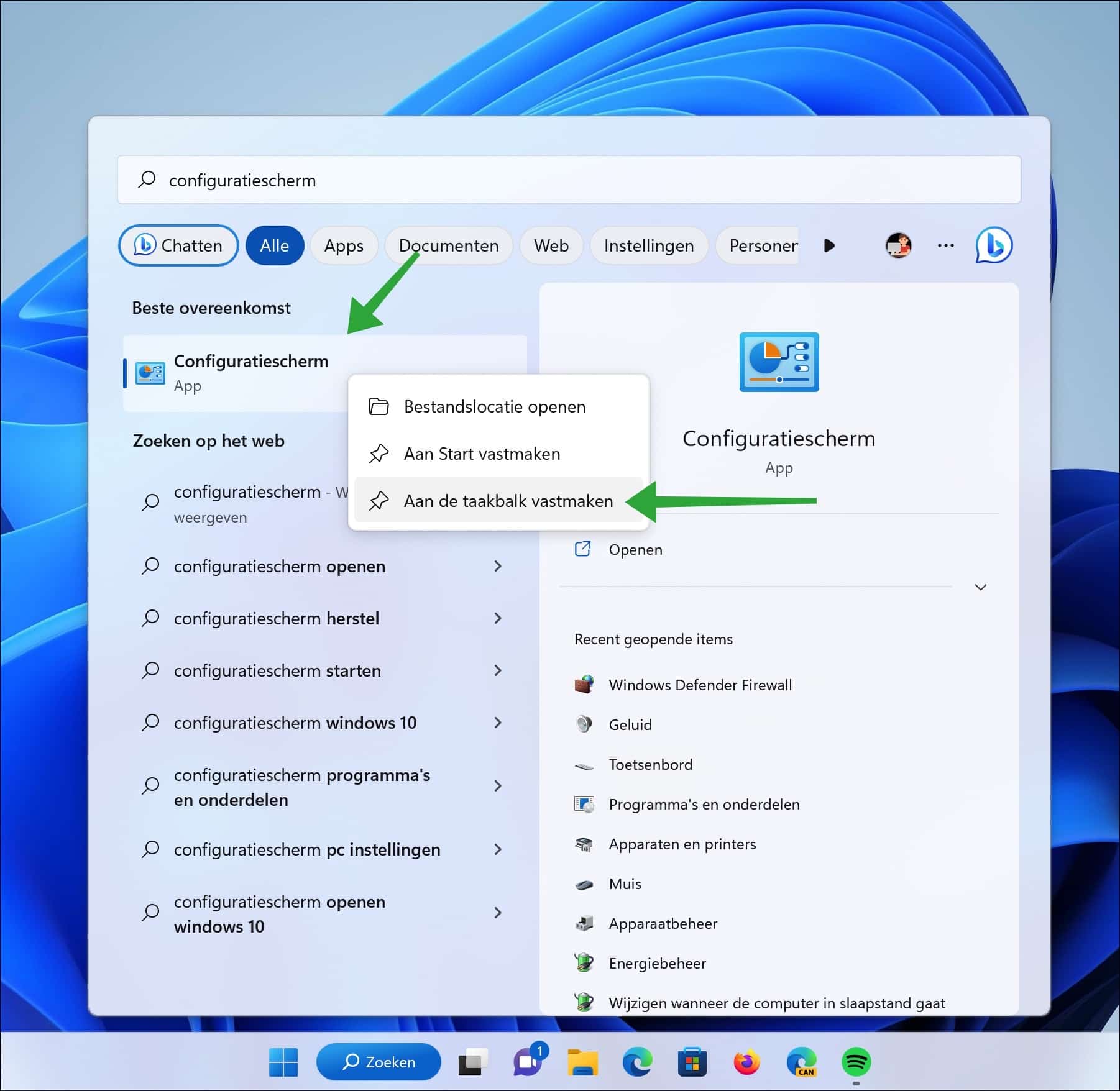 Configuratiescherm vastmaken aan bureaublad of taakbalk
