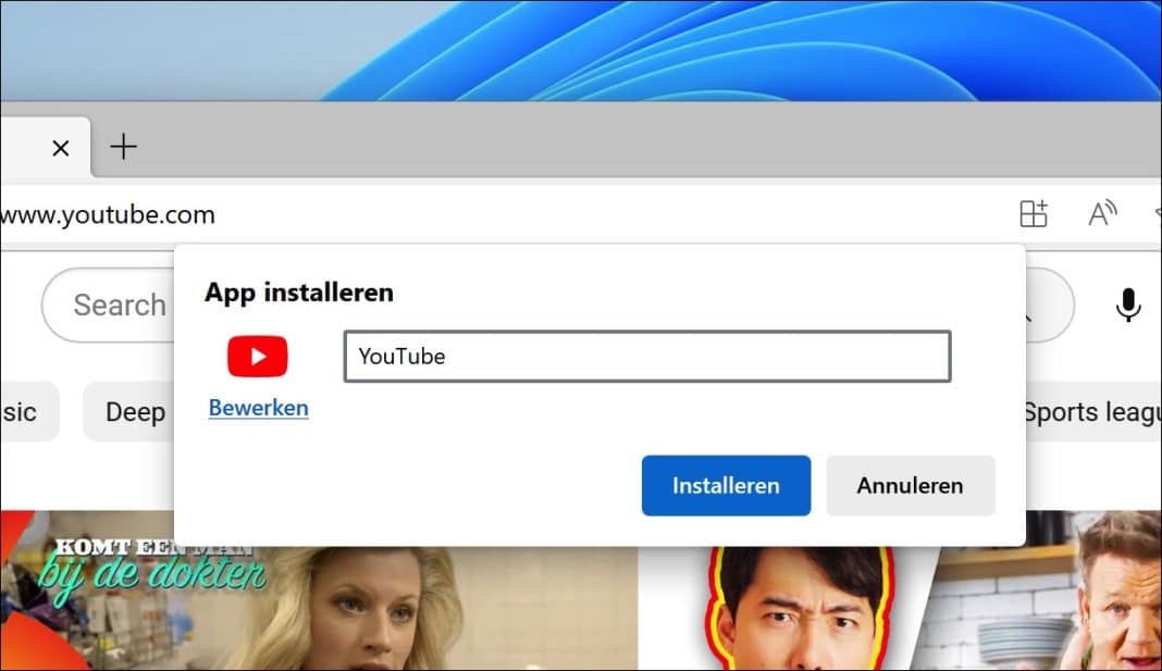 YouTube als app vastmaken aan de taakbalk of Start menu