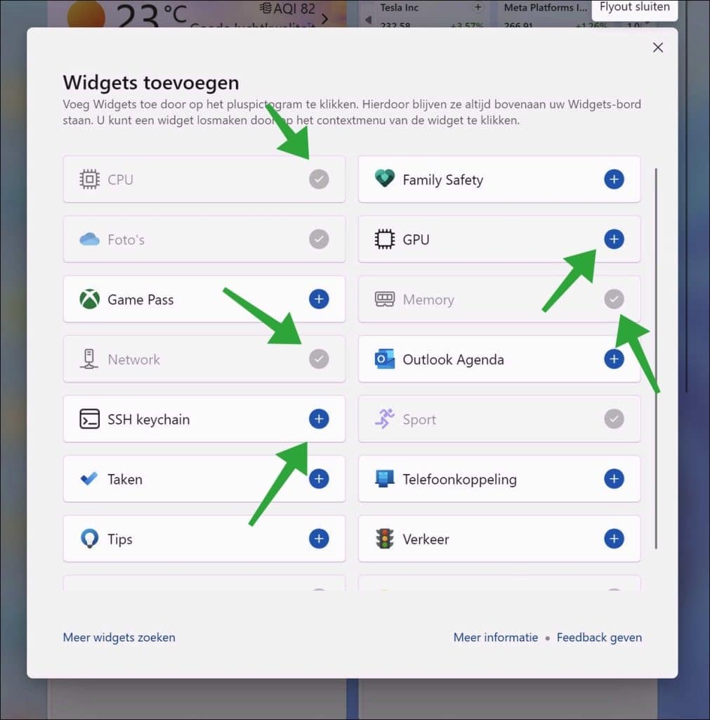 RAM, CPU, NIC en GPU toevoegen aan Windows 11 widgets