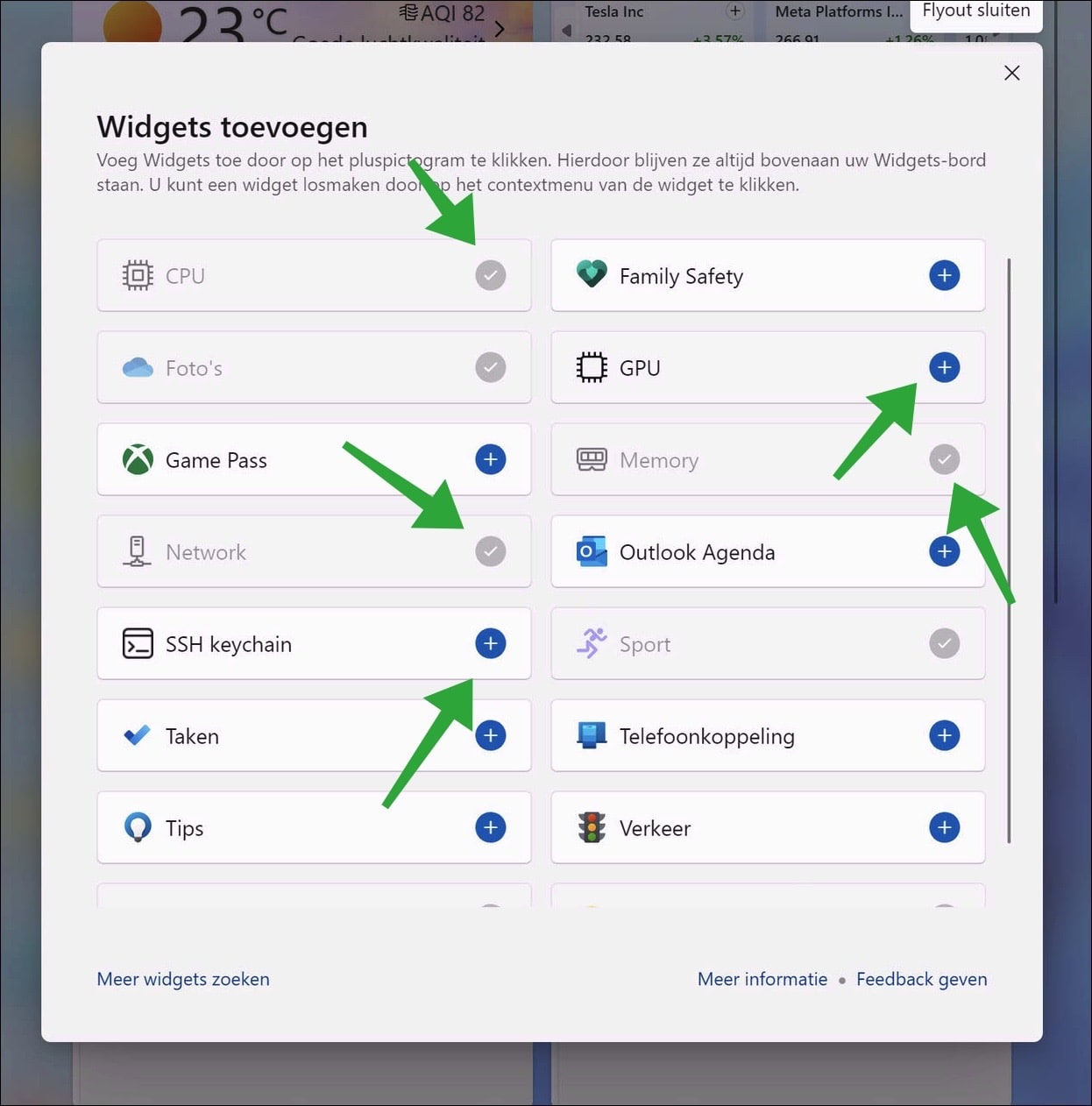 RAM, CPU, NIC en GPU toevoegen aan Windows 11 widgets