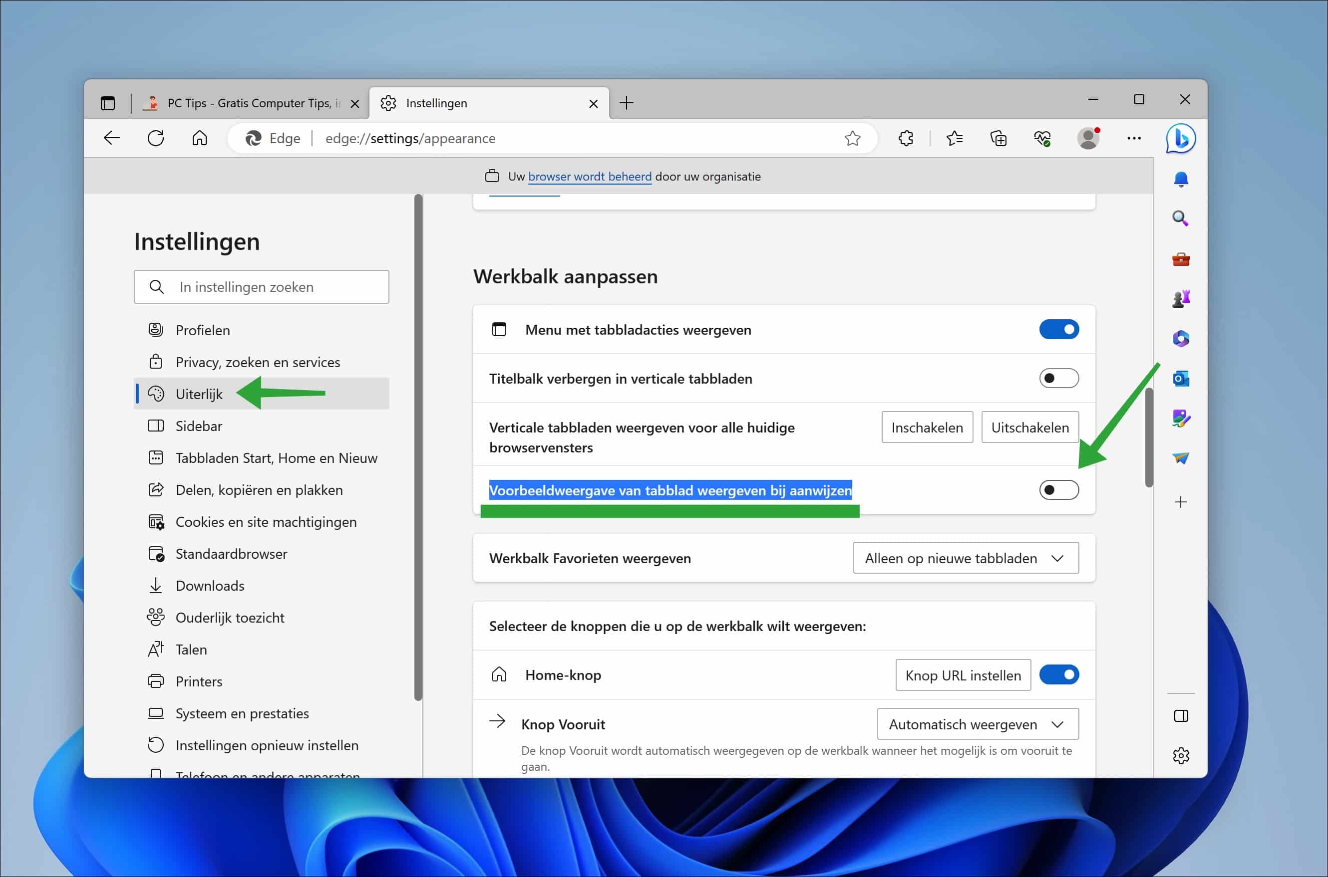 Tabblad voorbeeld in- of uitschakelen in Microsoft Edge