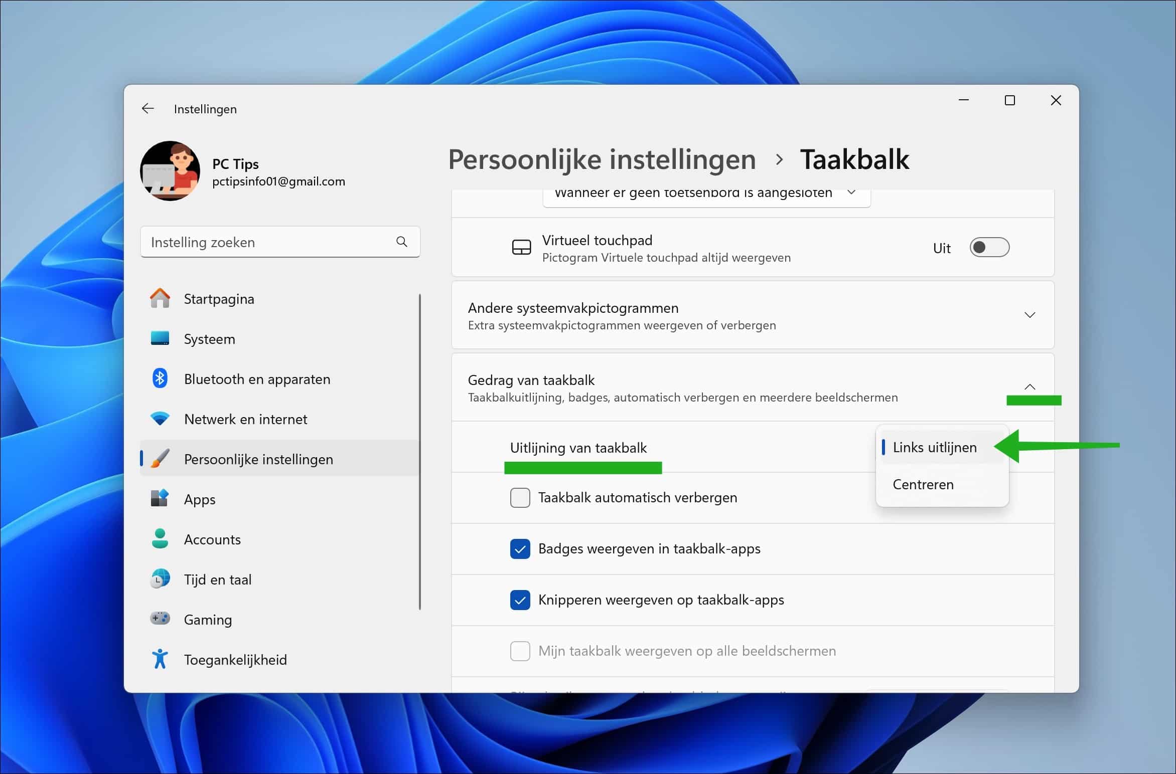 Taakbalk naar links verplaatsen in Windows 11