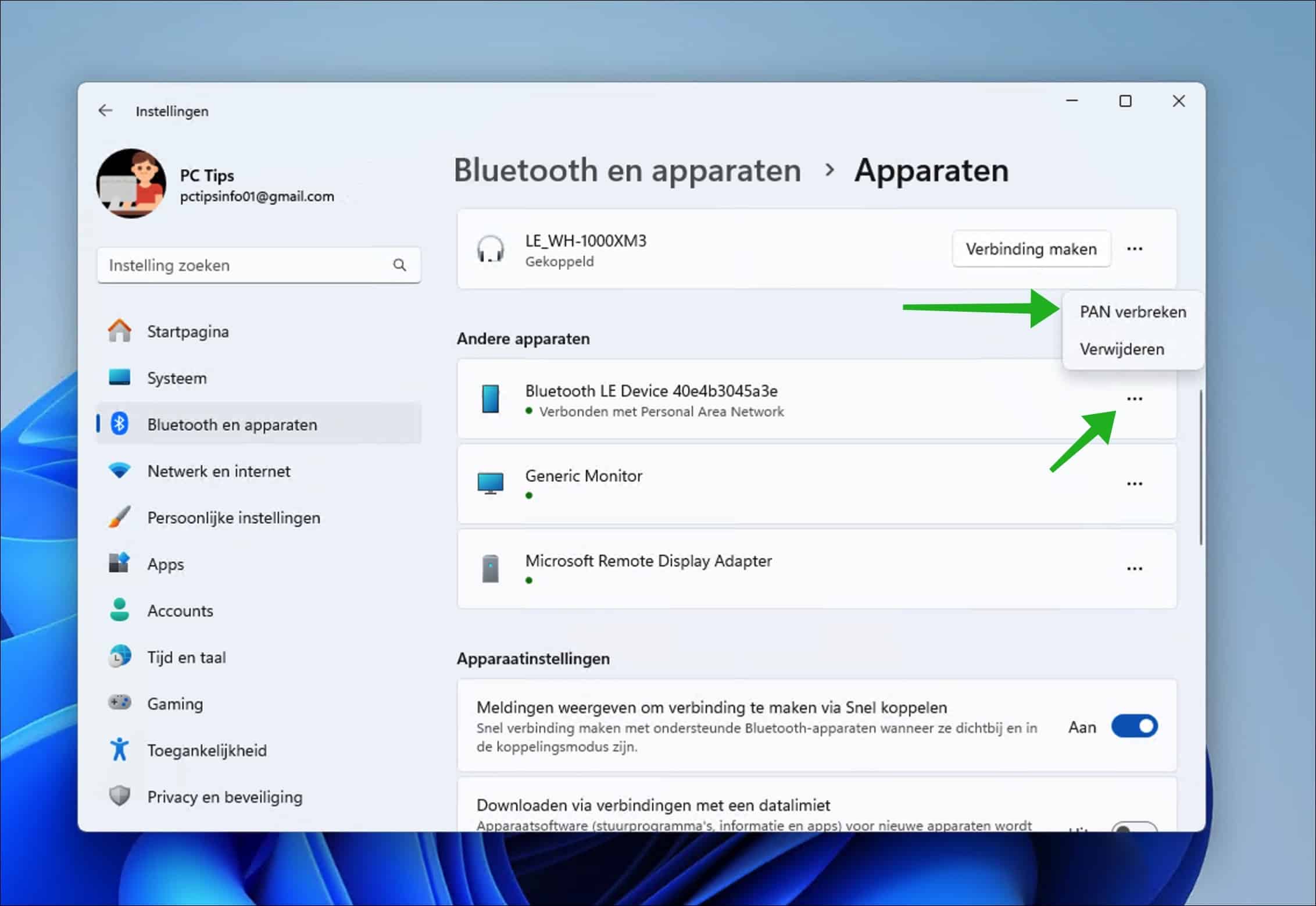 Verbinden met Bluetooth PAN (Personal Area Network) in Windows 11