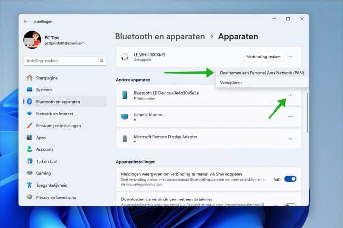Verbinden met Bluetooth PAN (Personal Area Network) in Windows 11